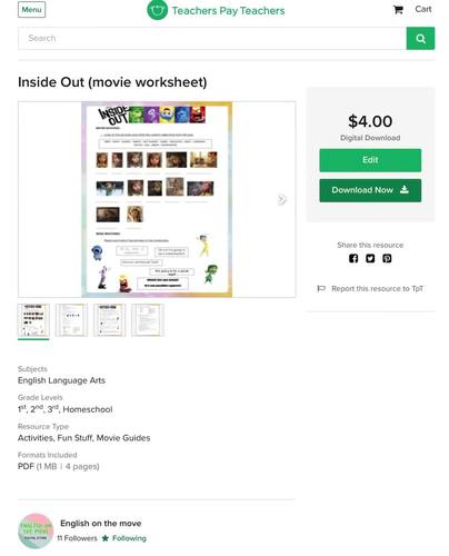 Inside Out (movie worksheet) by English on the move | TPT