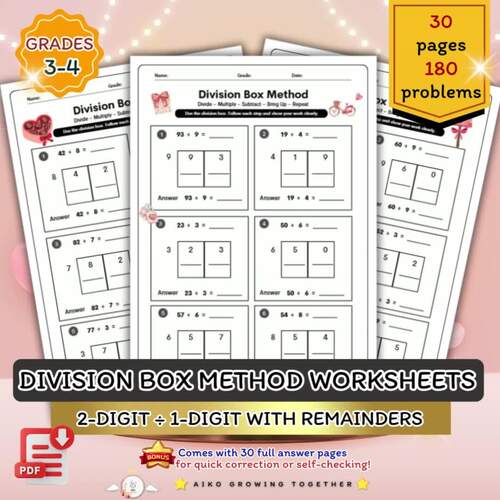 Valentine’s Day Box Method Division Worksheets 2-Digit ÷ 1-Digit with ...
