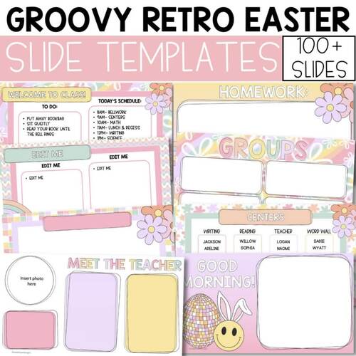 Groovy Retro Easter BUNDLE Bulletin Board AND Slides Templates | TPT