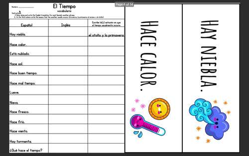 Spanish Weather Bulletin Board, Worksheet, and Vocabulary Matching Game
