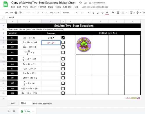 Google Sheets Algebra Solving Two-Step Equations STICKER CHART | TPT