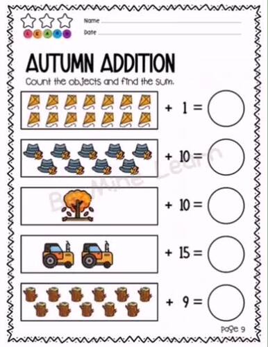 Addition within 20 with Pictures | Fall / Autumn Math | with answers