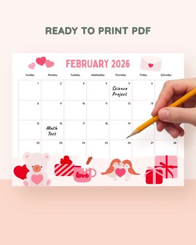 EDITABLE February 2026 Calendar: Printable Monthly Planner for Kids