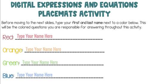 DIGITAL- Expressions and Equations Placemats Activity for Distance Learning