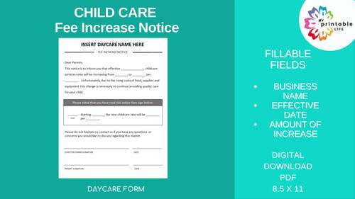 CHILD CARE FEE INCREASE Notice, Tuition Rate Increase Letter, Daycare Forms