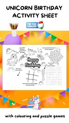 Unicorn Birthday Activity Sheet, Puzzle Games & Coloring Page, Party ...