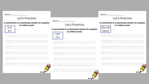 Contraction Worksheets, Primary Grade Resource, 10 Printables, Homeschool