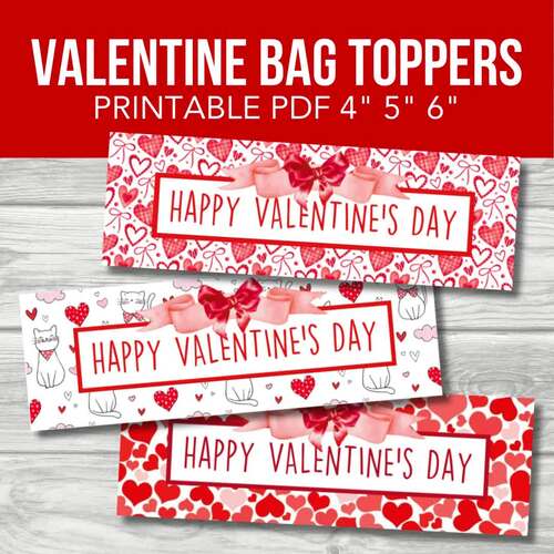 Valentines Day Treat Bag Toppers, Printable Bag Toppers PDF, Valentine Cats