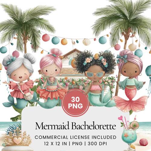 Mermaid Bachelorette Party Watercolor Clipart by Ikota Design | TPT