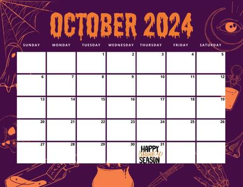 Editable October Calendar 2024, Teacher Calendar, Halloween 2024 Calendar