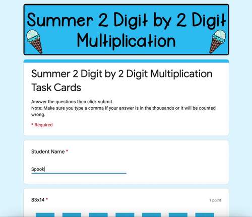 Summer 2 Digit by 2 Digit Multiplication Task Cards Print and Digital