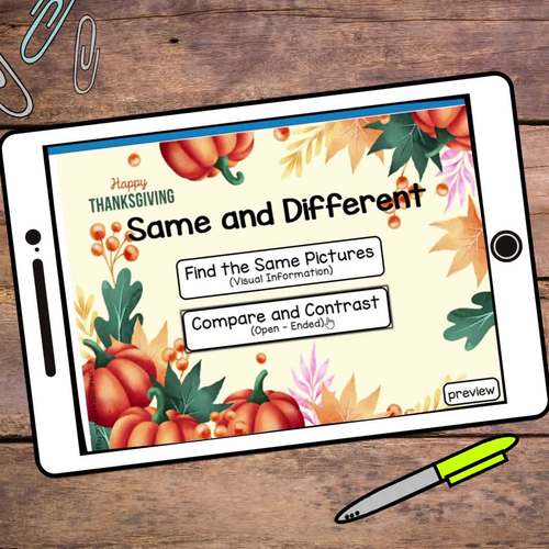 Thanksgiving Compare and Contrast Same and Different Concept Boom Cards