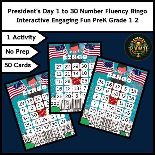 President Day 1 to 30 Number Fluency Bingo Interactive Engaging PreK ...