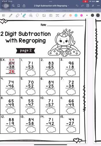 2 Digit and 2 Digit Subtraction with Regroping (Theme cute unicorn)