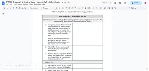 Pride and Prejudice Reading Guides and Answer Keys for Entire Novel