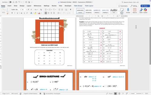 Halloween Math Game Simplifying Algebraic Expressions Replacement Activity