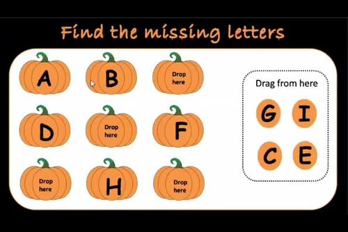 Pumpkin A-Z missing letters, correct order No pep Digital task cards