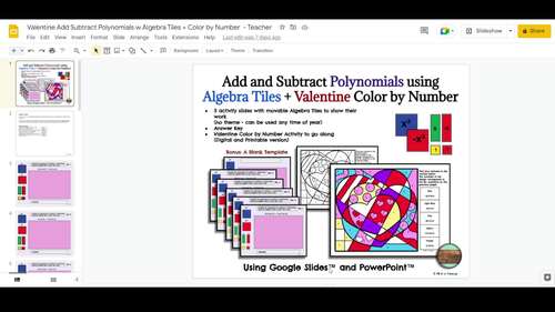 Valentine Polynomials Add Subtract using Algebra Tiles Digital + Color ...