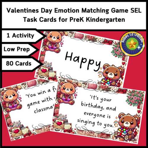 Valentines Day Emotion Matching Game SEL Task Cards for PreK Kindergarten