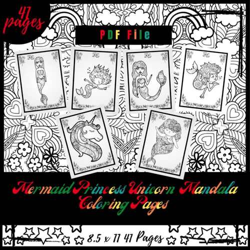 Mermaid, Princess and Unicorn Mandala Coloring Pages, Sheets PDF ...