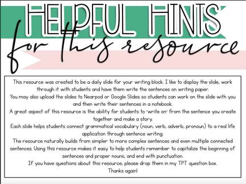 Daily Writing Slides: Sentence Building & Grammar by Aubree Teaches