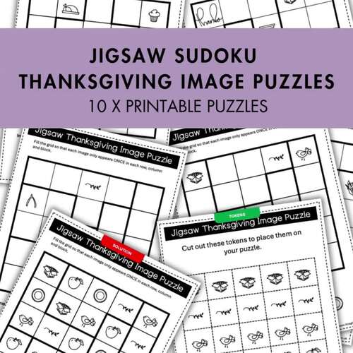 Printable Jigsaw Sudoku-Style Thanksgiving-Themed Image Puzzles – Ages 11+