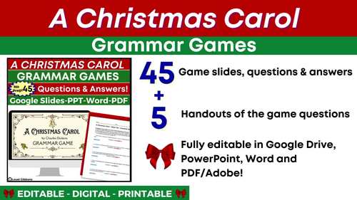 A Christmas Carol by Charles Dickens Activities Grammar Games Editing ...