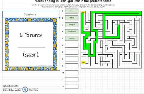 CAR GAR ZAR Preterite Tense Digital Maze for Spanish by Manzana para la ...