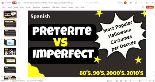 Preterite vs Imperfect Halloween Costumes of the Decades Spanish Activity