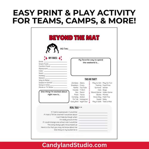 Wrestling Get to Know You/Me Worksheet Activity Middle High School ...
