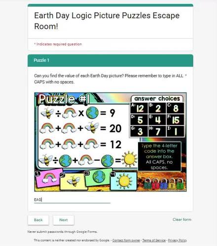 Earth Day Logic Picture Puzzle Equations Digital Math Escape Room Activity