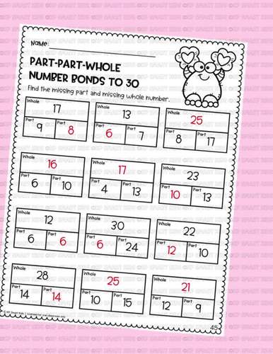 Valentine Monster Number Bonds to 30 Missing Part & Whole Worksheets ...