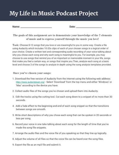 My Life in Music Podcast Project by Kreativities by Kristen | TpT