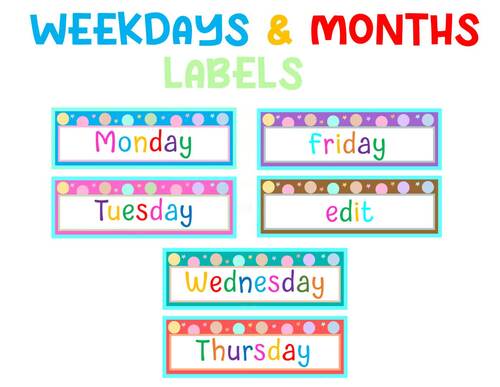 Printable Bright Polka Dots Days of the Week Labels, Months of the Year ...
