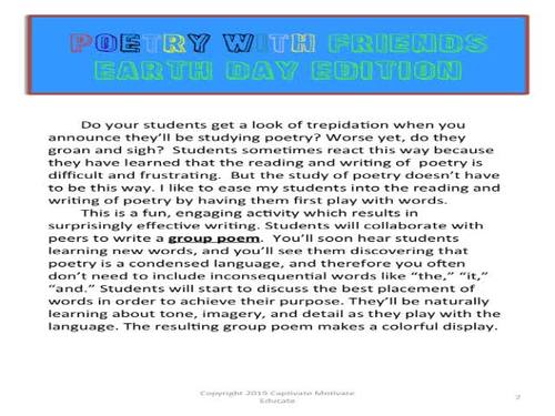 Collaborative poetry activity, Earth Day, poetry writing activity