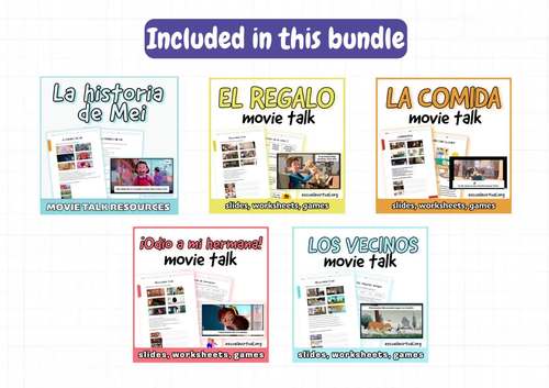 BUNDLE 5 Movie Talks for Novice Spanish Students - Slides Worksheets Games