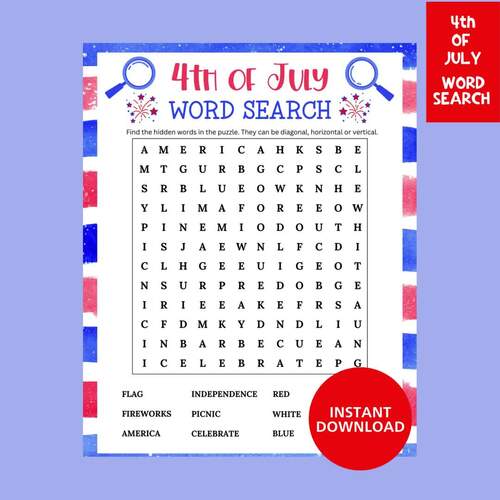 4th of July Word Search, Printable U.S. Independence Day Classroom Game