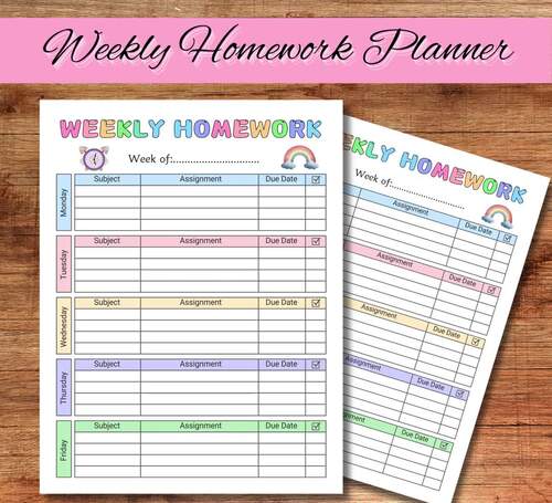 Printable Homework Planner, Homework Checklist, Printable Weekly Planner.