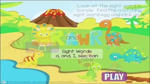 Pre-Primer Dinosaur Sight Word Digital Game use with PowerPoint™ Google ...