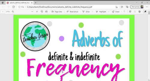 Adverbs of Definite Indefinite Frequency Center Card Game Sentences