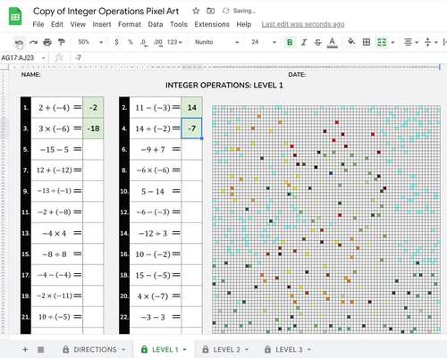 Google Sheets Digital Pixel Art Math Integer Operations 3 LEVELS