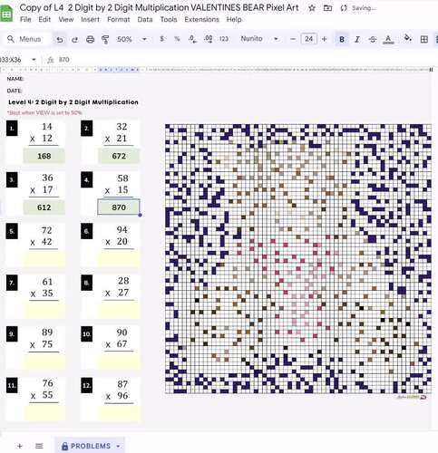 VALENTINE'S DAY 2 Digit by 2 Digit Multiplication Digital Pixel Art Math