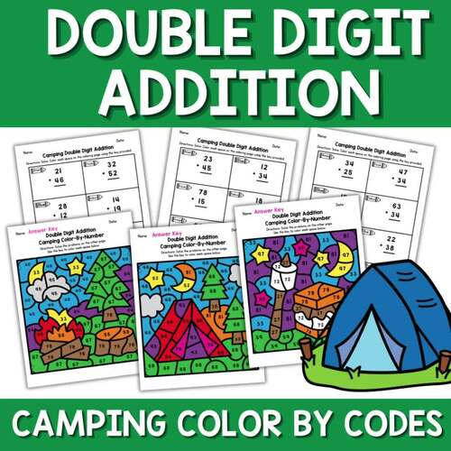 Double Digit Addition Camping Theme Color by Number Worksheet Bundle ...