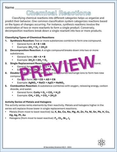 Chemical Reactions | Chemistry Printable Study Guide and Review | TPT