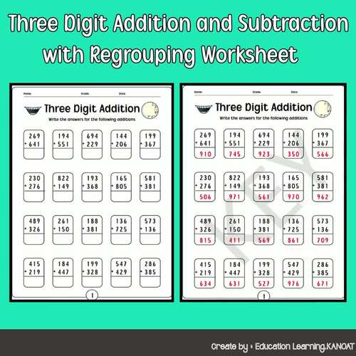 Three Digit Addition and Subtraction with Regrouping Worksheets| CCSS 3 ...