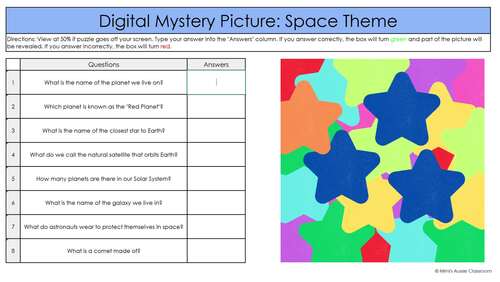 Digital Excel Mystery Picture for Grade 3 | Science Space Theme (Self ...