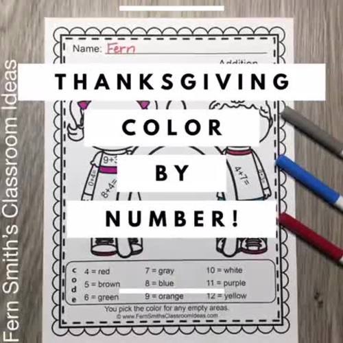 Thanksgiving Color By Number Addition by Fern Smith's Classroom Ideas
