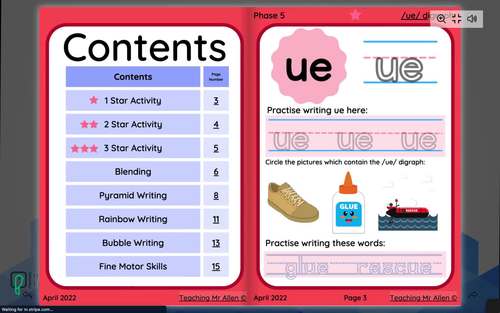 UE Digraph Phonics & Handwriting Workbook, Independent Printable Activity
