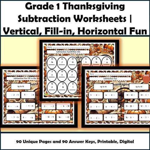 Grade 1 Thanksgiving Math Subtraction Missing Subtrahend Find the Sum ...