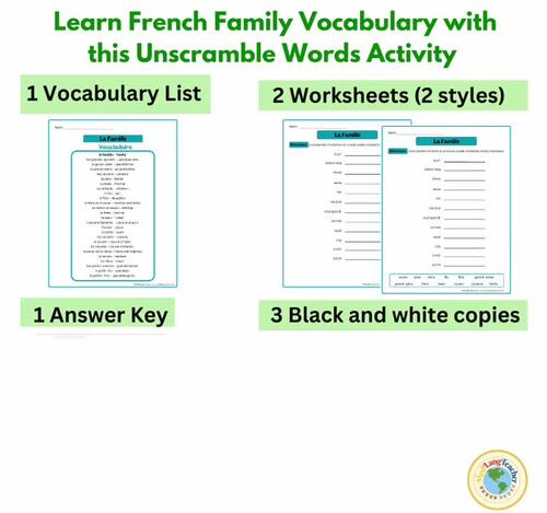 French Family Unscramble Words Vocabulary Activity Printable Print & Go